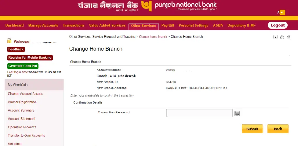 How to Change Branch in Pnb One Mobile App / Internet Banking?