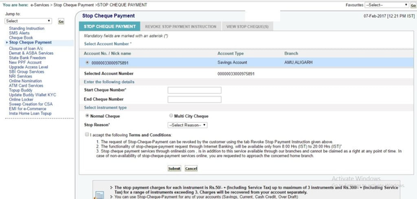 SBI Cheque Book Request